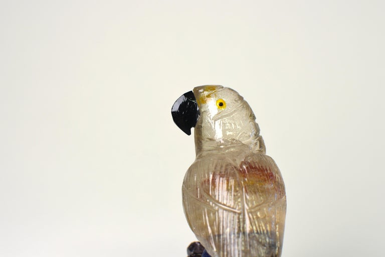 Rock Crystal Gemstone Parrot Bird on Amethyst For Sale at 1stDibs