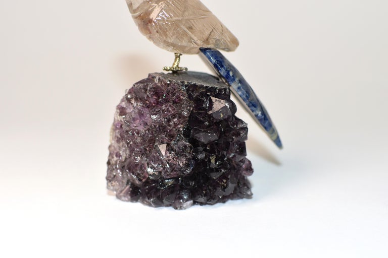 Rock Crystal Gemstone Parrot Bird on Amethyst For Sale at 1stDibs