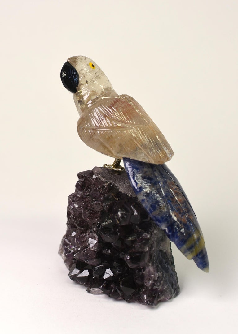 Rock Crystal Gemstone Parrot Bird on Amethyst For Sale at 1stDibs