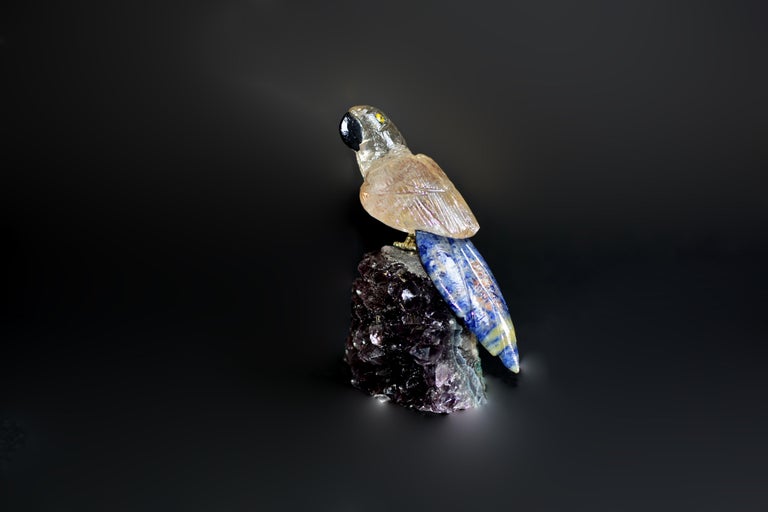 Rock Crystal Gemstone Parrot Bird on Amethyst For Sale at 1stDibs