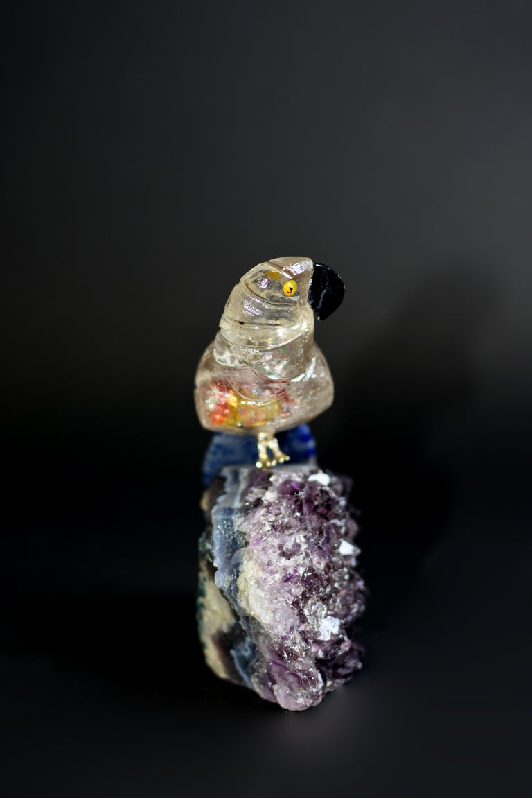 Rock Crystal Gemstone Parrot Bird on Amethyst For Sale at 1stDibs