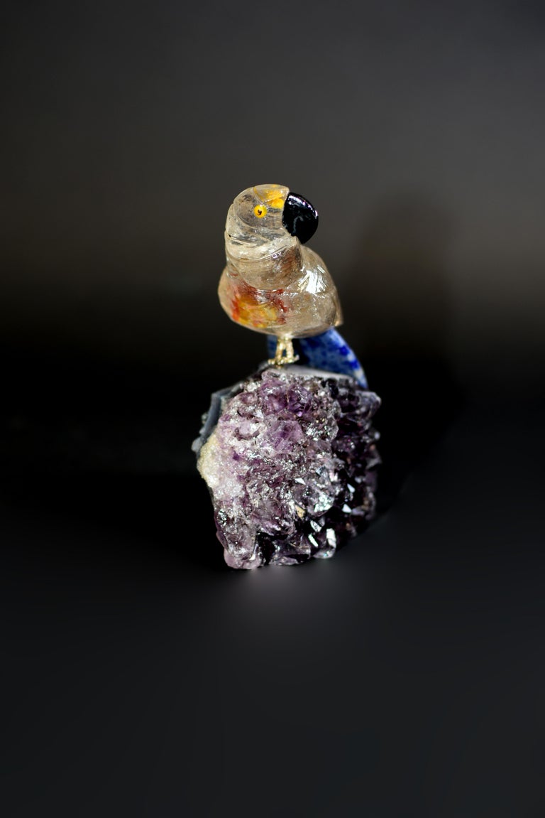 Rock Crystal Gemstone Parrot Bird on Amethyst For Sale at 1stDibs