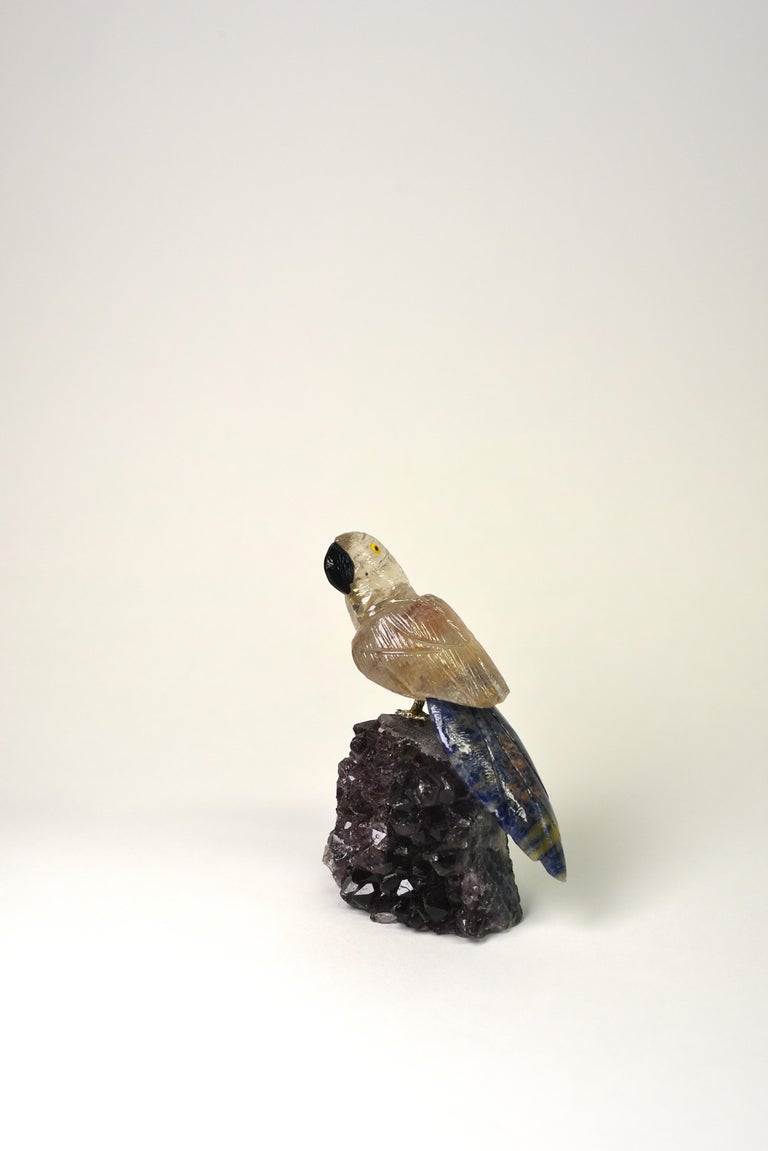 Rock Crystal Gemstone Parrot Bird on Amethyst For Sale at 1stDibs