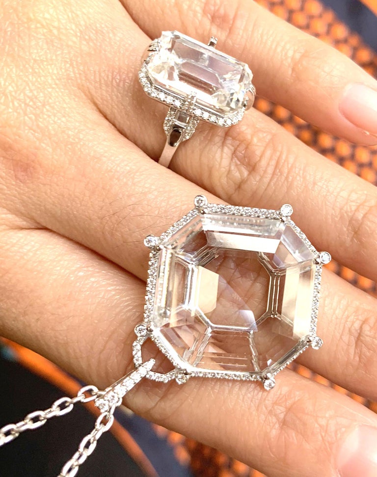 Goshwara Octagon Rock Crystal With Diamond Pendant And Ring For Sale at ...
