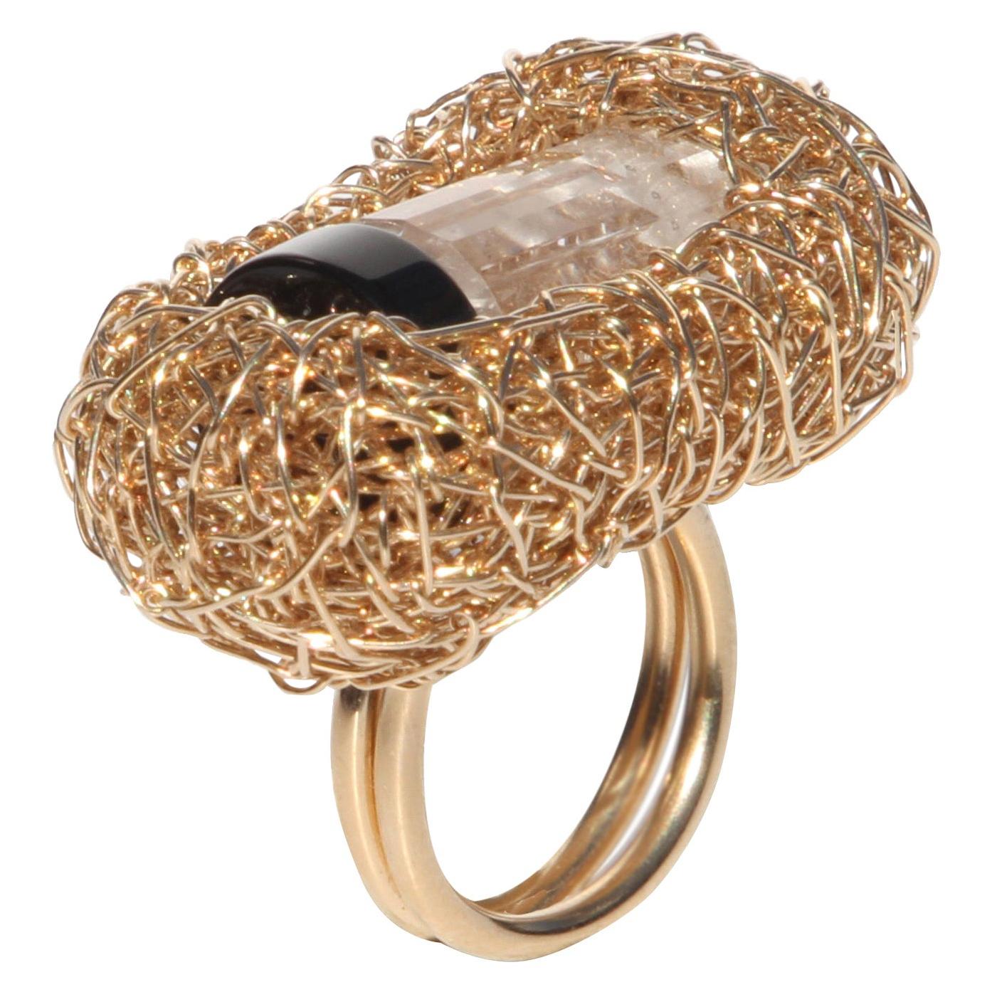1970s Arthur King Carved Rock Crystal, Onyx, and Textured Gold Ring at ...