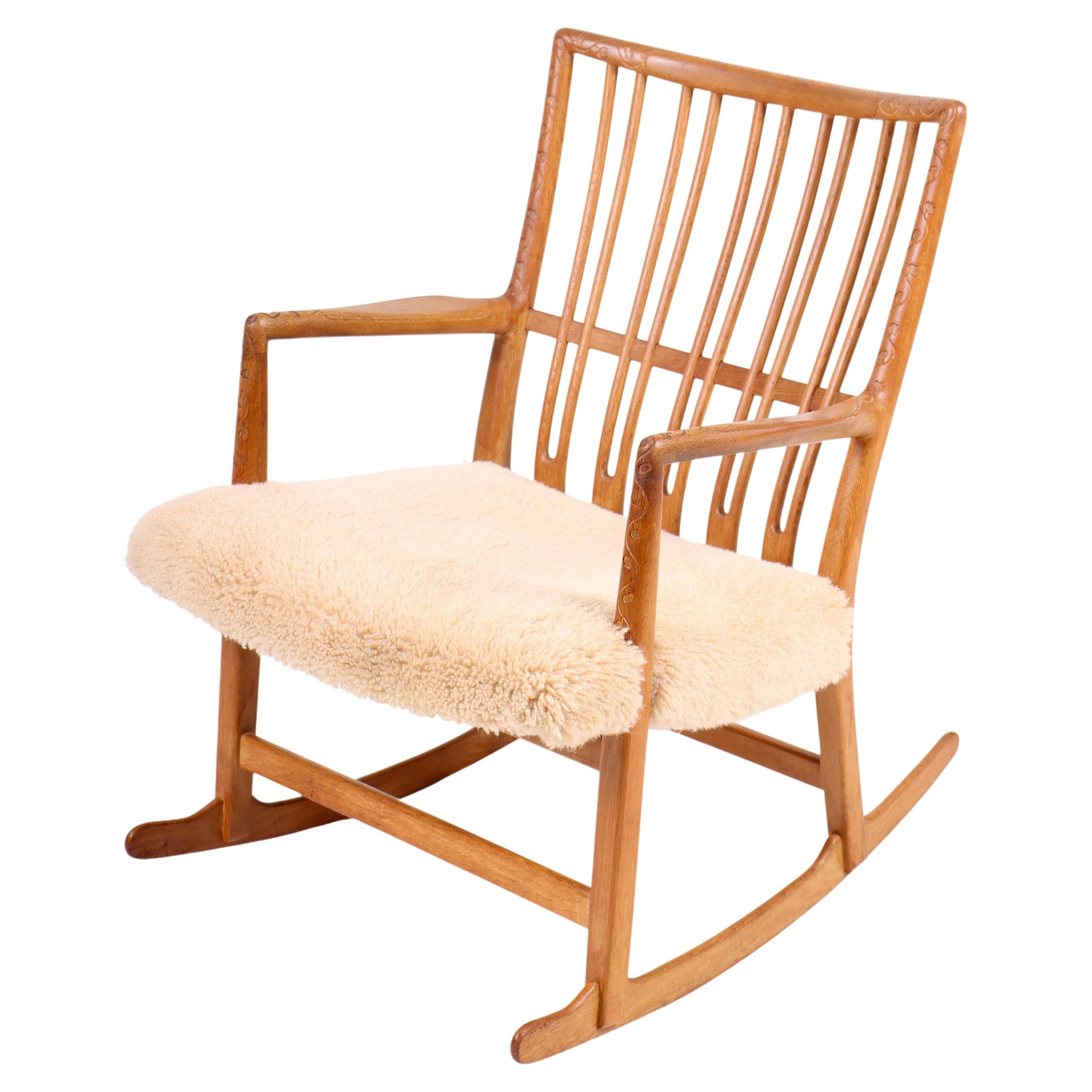 Farstrup 1950s Low Spindle Back Rocking Chair with Shearling Cushions ...