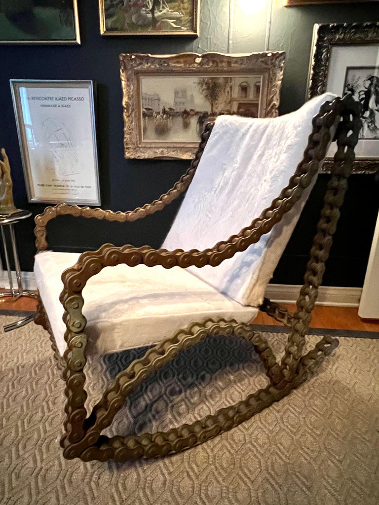 Industrial Chain Rocking Chair with Pony Skin Cushions For Sale at 1stDibs