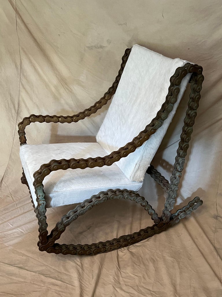 Industrial Chain Rocking Chair with Pony Skin Cushions For Sale at 1stDibs