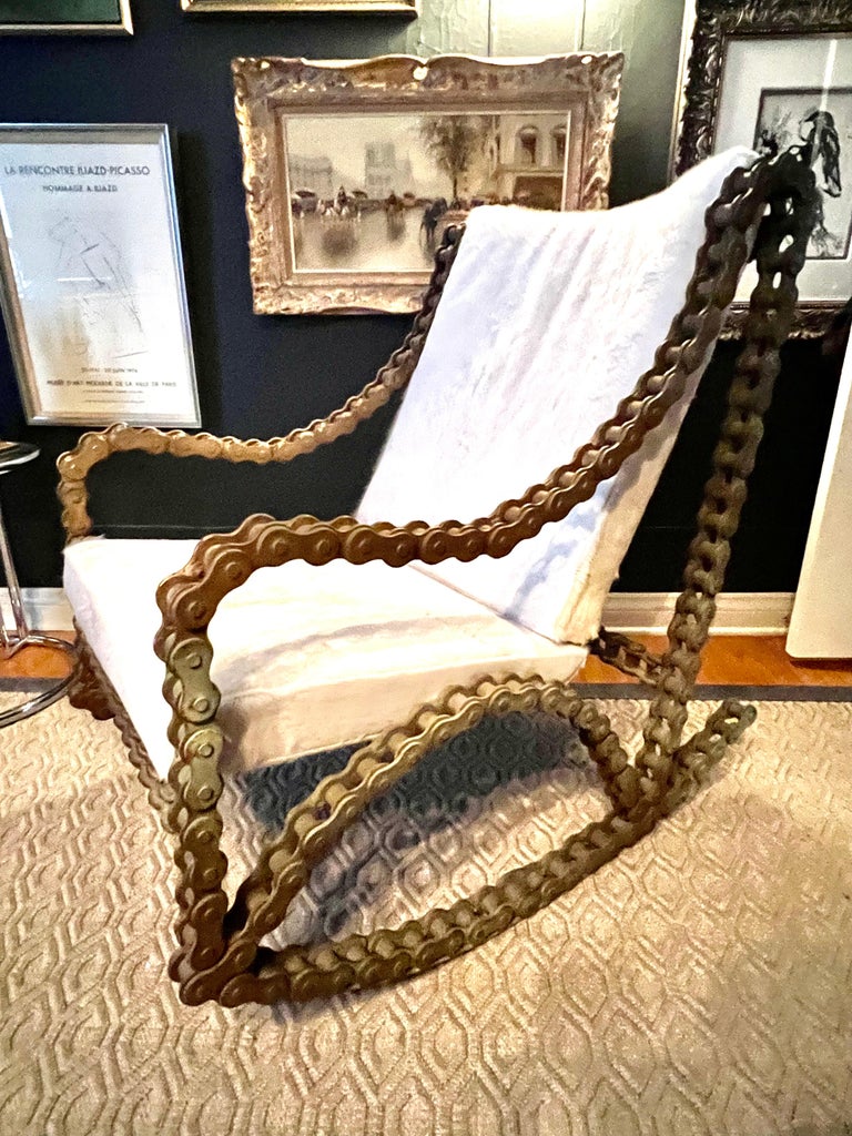 Industrial Chain Rocking Chair with Pony Skin Cushions For Sale at 1stDibs