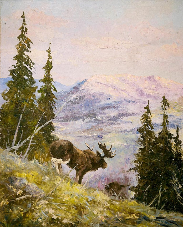 Rocky Mountains Painting with Moose Oil on Canvas, 1950 For Sale at ...