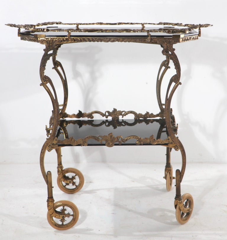 Rococo Cast Brass and Black Glass Serving Bar Cart with Removable Tray ...
