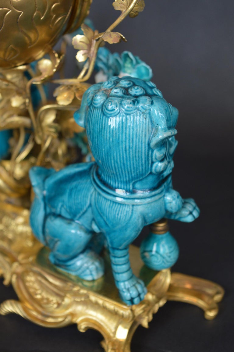 Rococo Chinosoiserie Style Three-Piece Gilt Bronze and Porcelain Clock ...