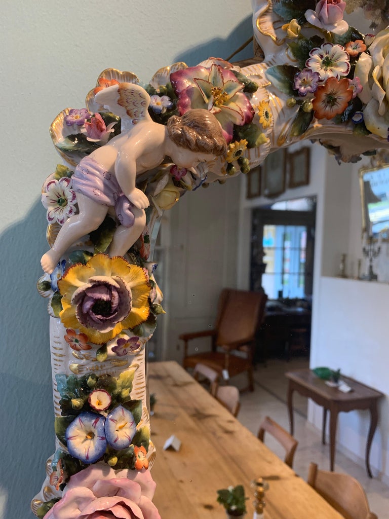 Rococo Flower and Angels Porcelain Wall Mirror, Thuringia, Late 19th ...