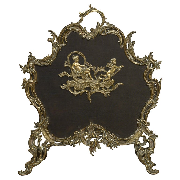 Rococo Style Brass and Mesh Fire Screen For Sale at 1stDibs