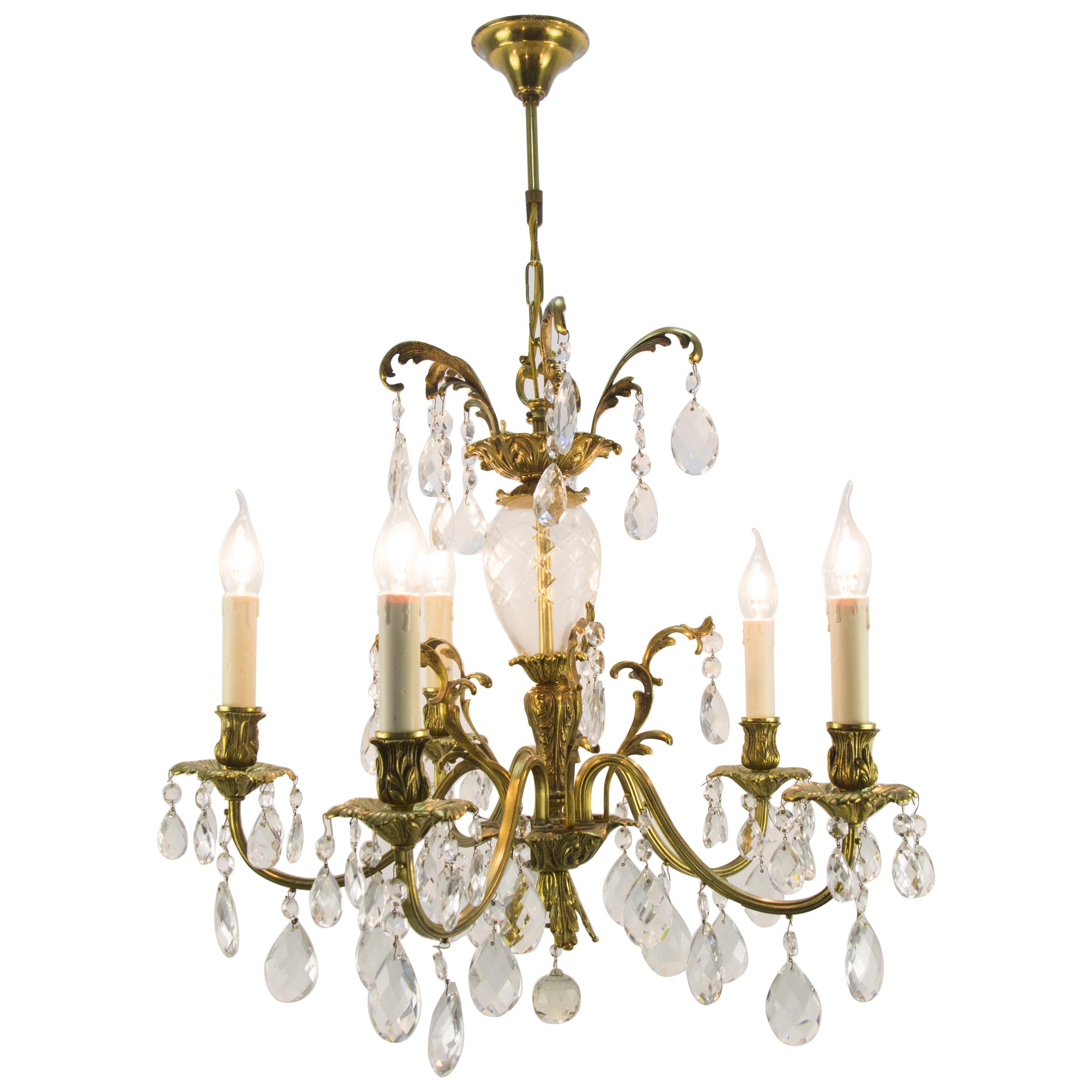 Rococo Style Bronze and Crystal Five-Light Chandelier at 1stDibs
