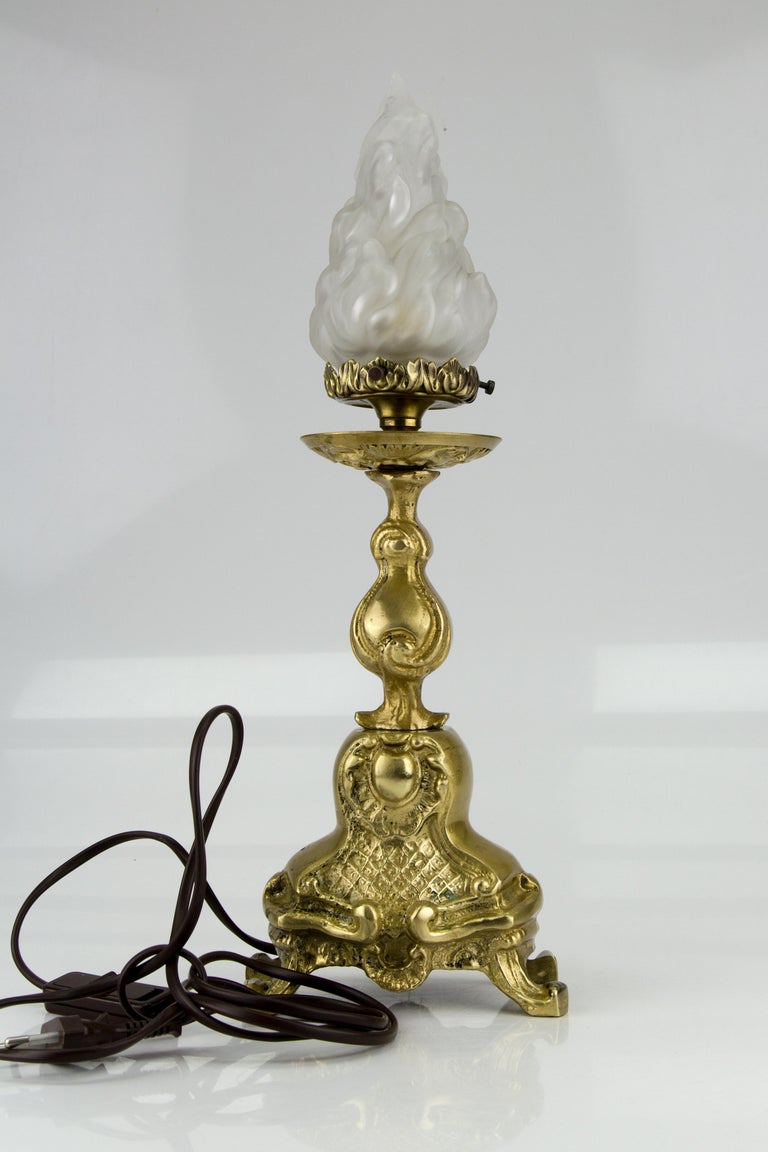 Rococo Style Bronze Table Lamp with White Frosted Glass Flame Shade For ...
