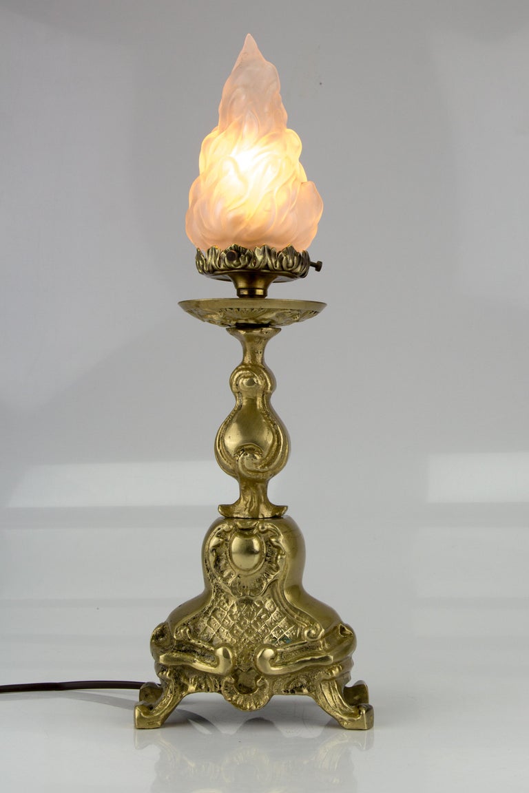 Rococo Style Bronze Table Lamp with White Frosted Glass Flame Shade For ...