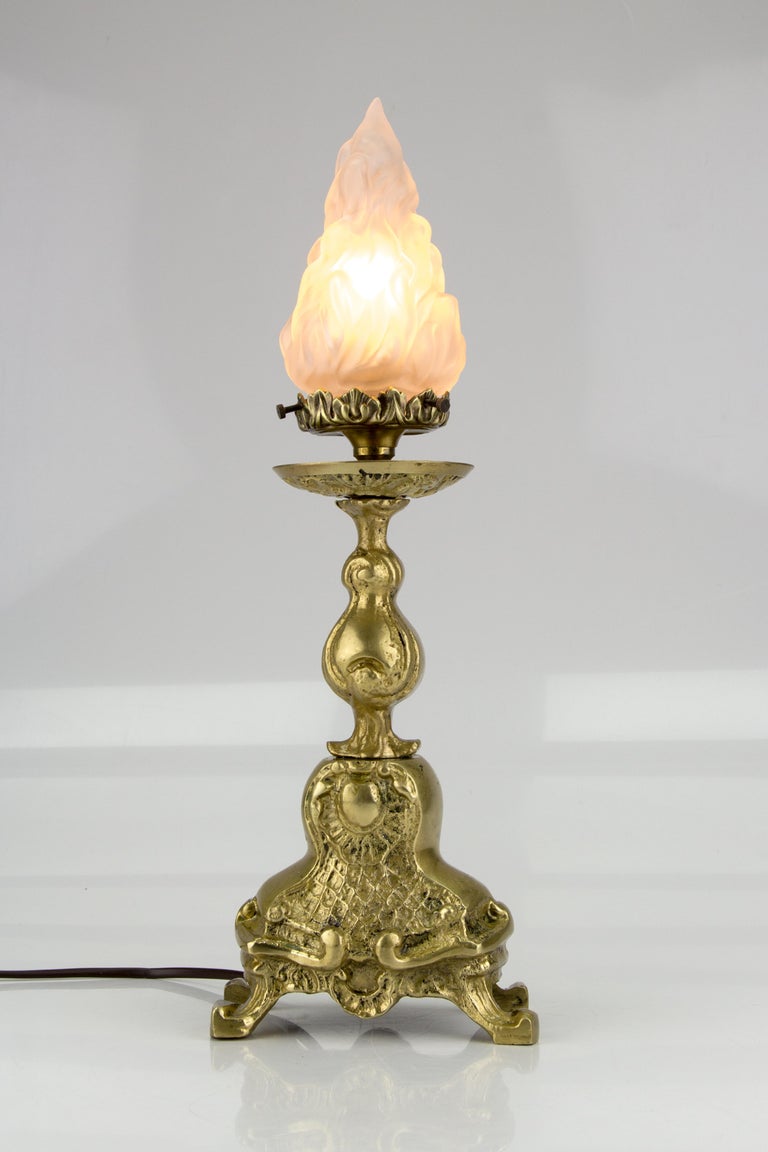 Rococo Style Bronze Table Lamp with White Frosted Glass Flame Shade For ...
