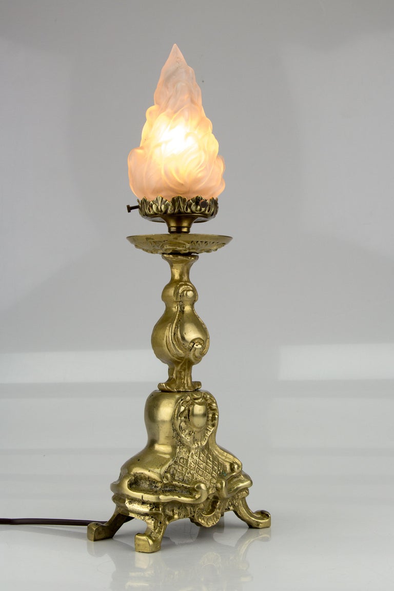 Rococo Style Bronze Table Lamp with White Frosted Glass Flame Shade For ...