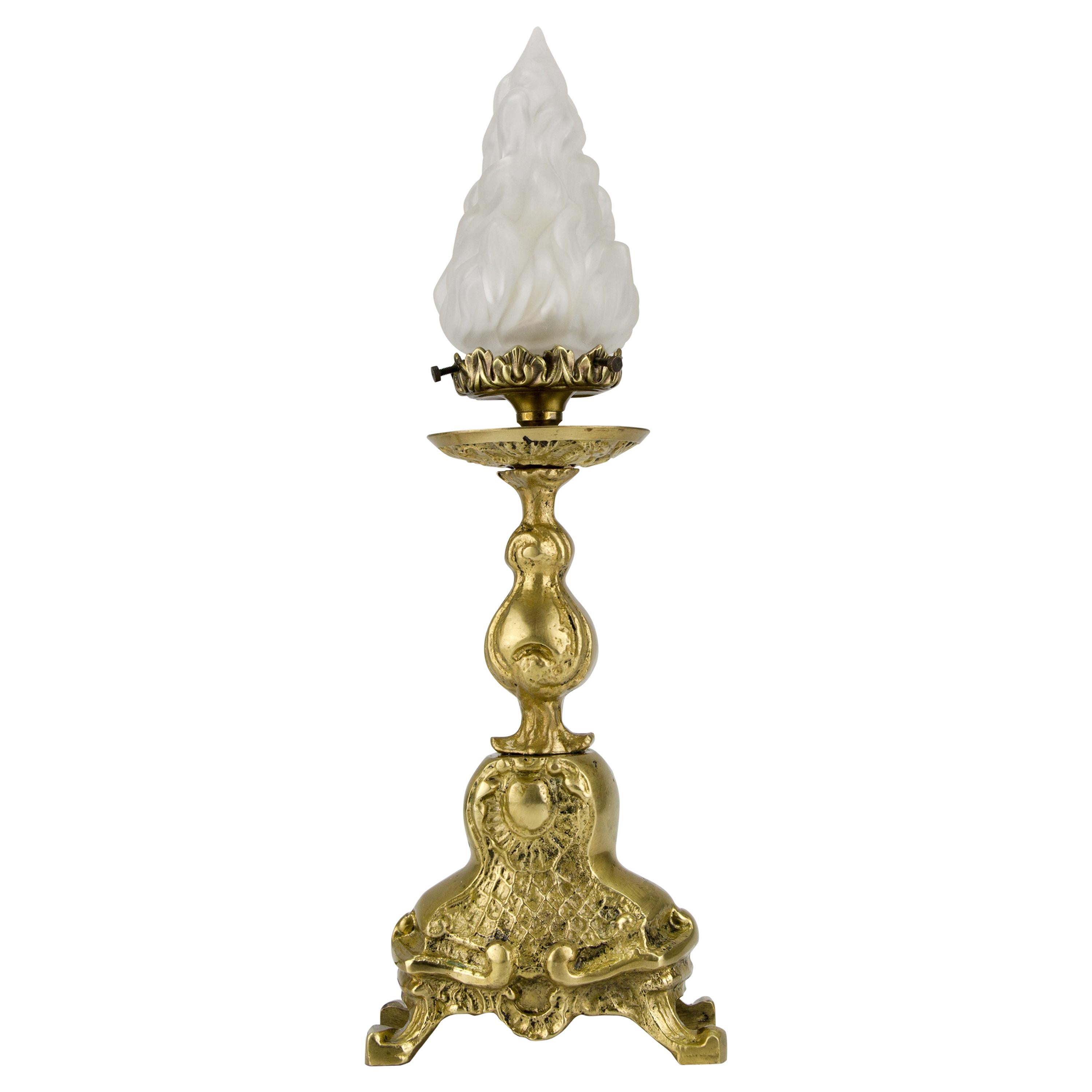 Rococo Style Bronze Table Lamp with White Frosted Glass Flame Shade For ...