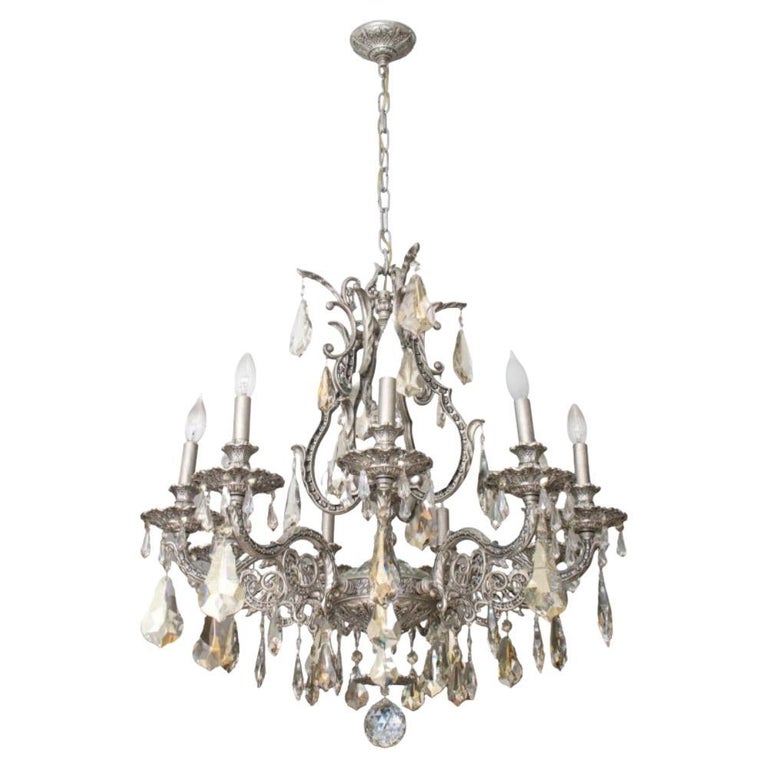 Rococo Style Silvered Metal Crystal Chandelier For Sale at 1stDibs