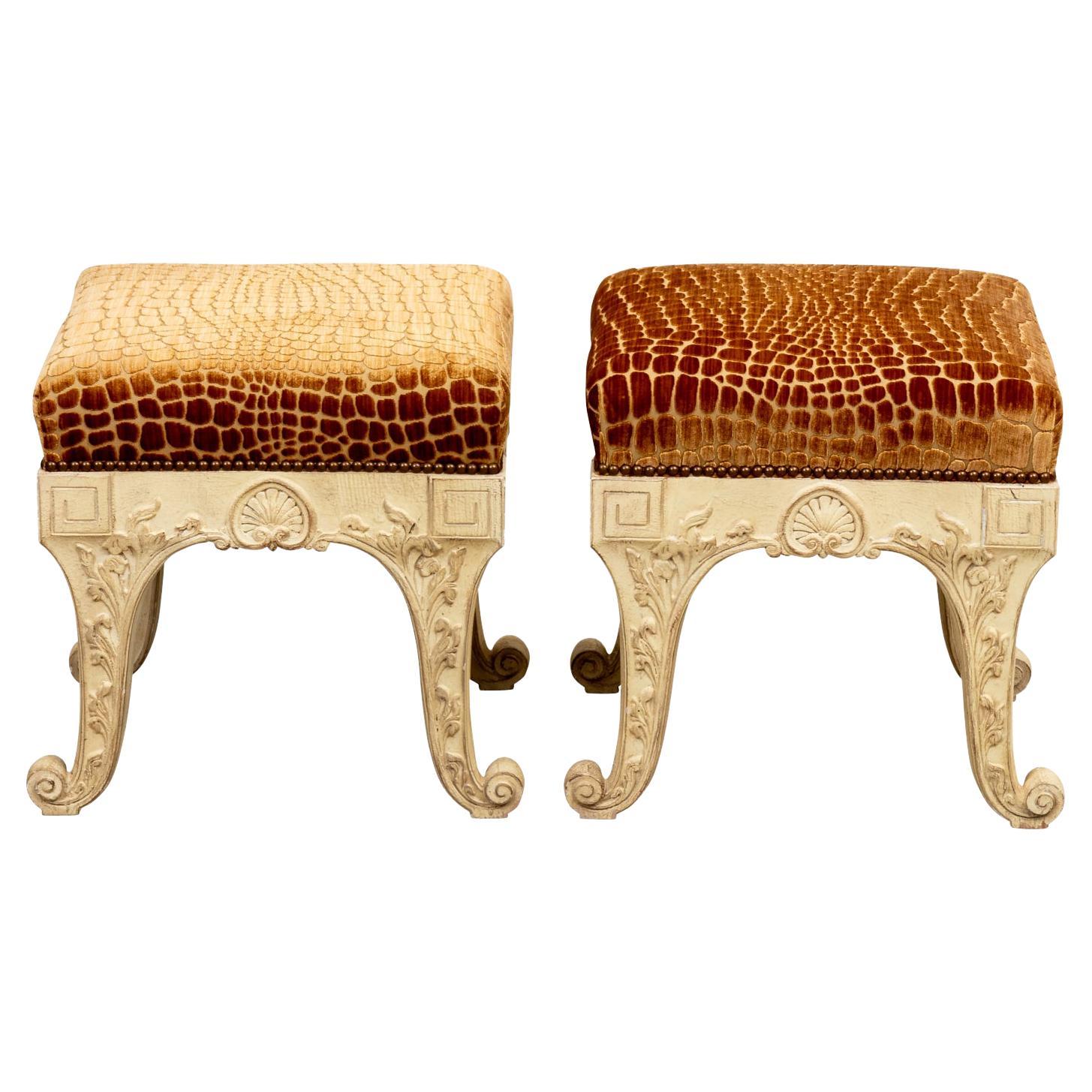 French Foot Stool Upholstered in Blue velvet with Mahogany Tapered Legs ...