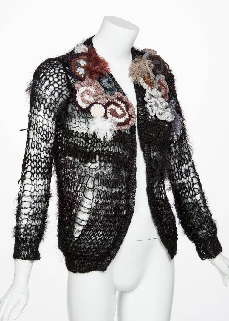 Rodarte 2014 Black Handmade Openknit Wool and Lamè Crochet Flower ...