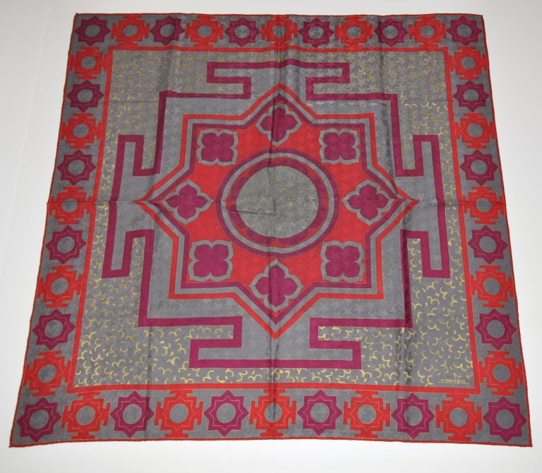 Rodier Abstract Steel Gray With Burgundy and Gold Silk Scarf For Sale ...