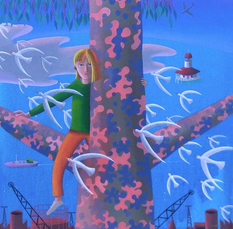 Rodney Forbes - Girl in a Tree With Lighthouse, painting, by Rodney ...