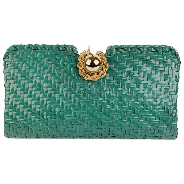 Rodo Vintage Green Woven Straw Rattan Clutch Bag Handbag For Sale at ...