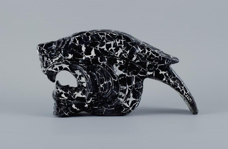 Roger Guerin, Unique Sculpture in Black Glazed Ceramic, Tiger Head For ...