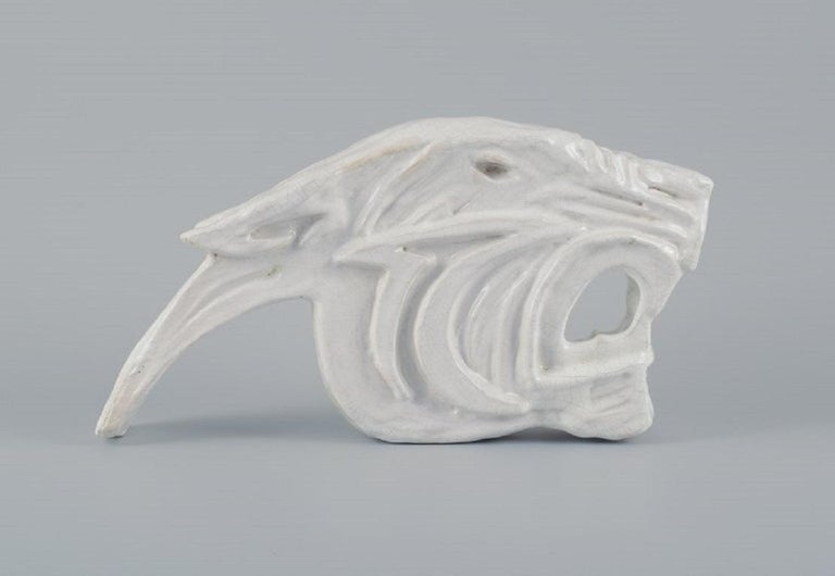 Roger Guerin Unique Sculpture in White Glazed Ceramic, Tiger Head For ...
