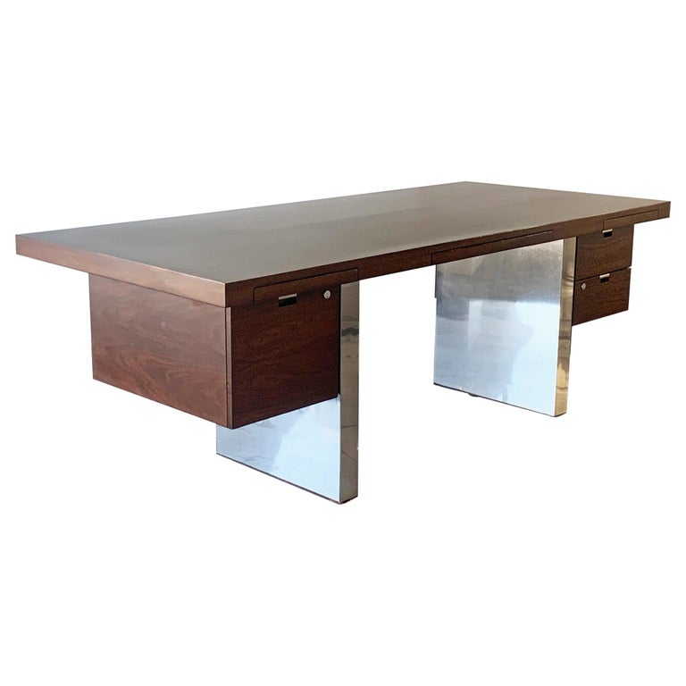 Roger Sprunger for Dunbar Rosewood and Chrome Executive Desk at 1stDibs