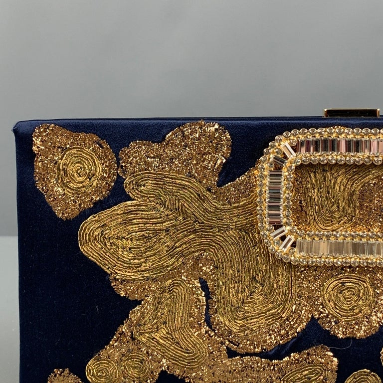 ROGER VIVIER Navy Gold Embroidered Silk Clutch Handbag For Sale at 1stDibs