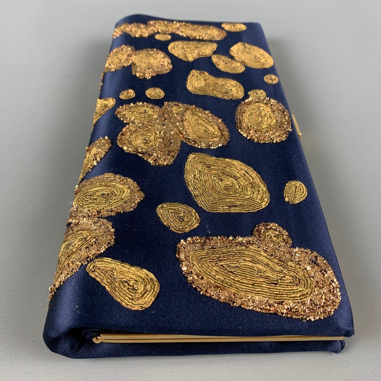 ROGER VIVIER Navy Gold Embroidered Silk Clutch Handbag For Sale at 1stDibs