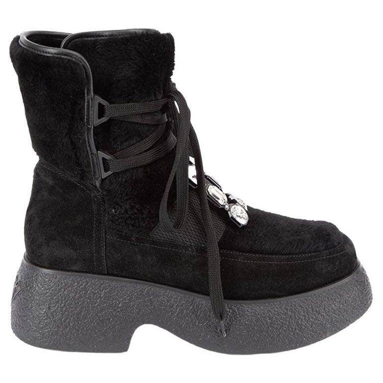 Roger Vivier Women's Black Fur Gemstone Platform Boots For Sale at 1stDibs