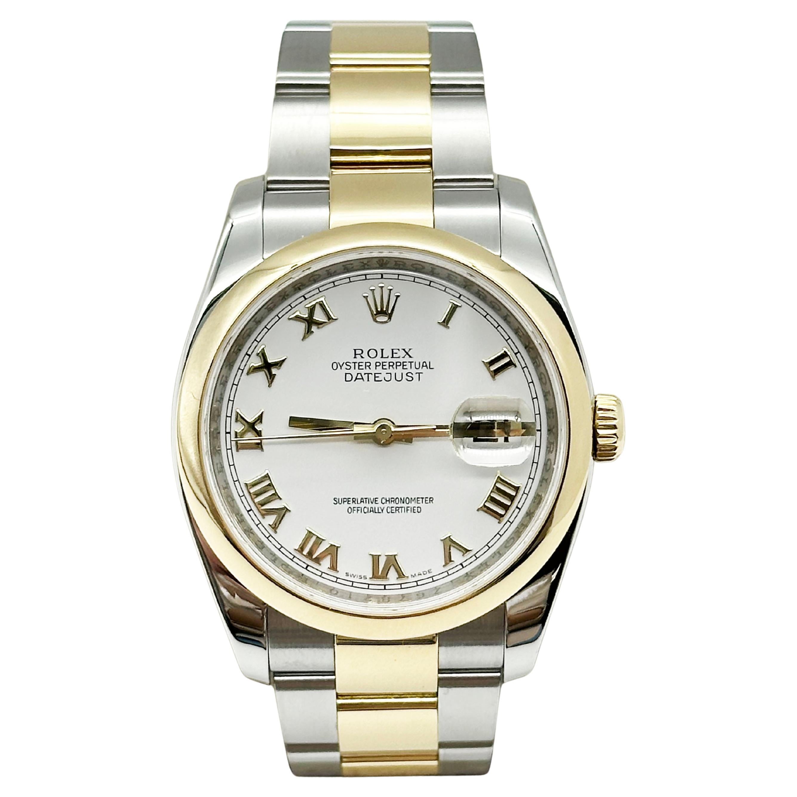 Rolex 116203 Datejust 36mm White Roman Dial 18K Yellow Gold Steel Box ...