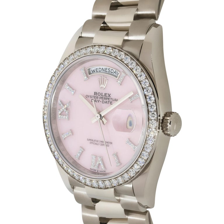 Rolex 128349RBR Day-Date Uhr aus 18k Weißgold mit rosa Opal Zifferblatt ...