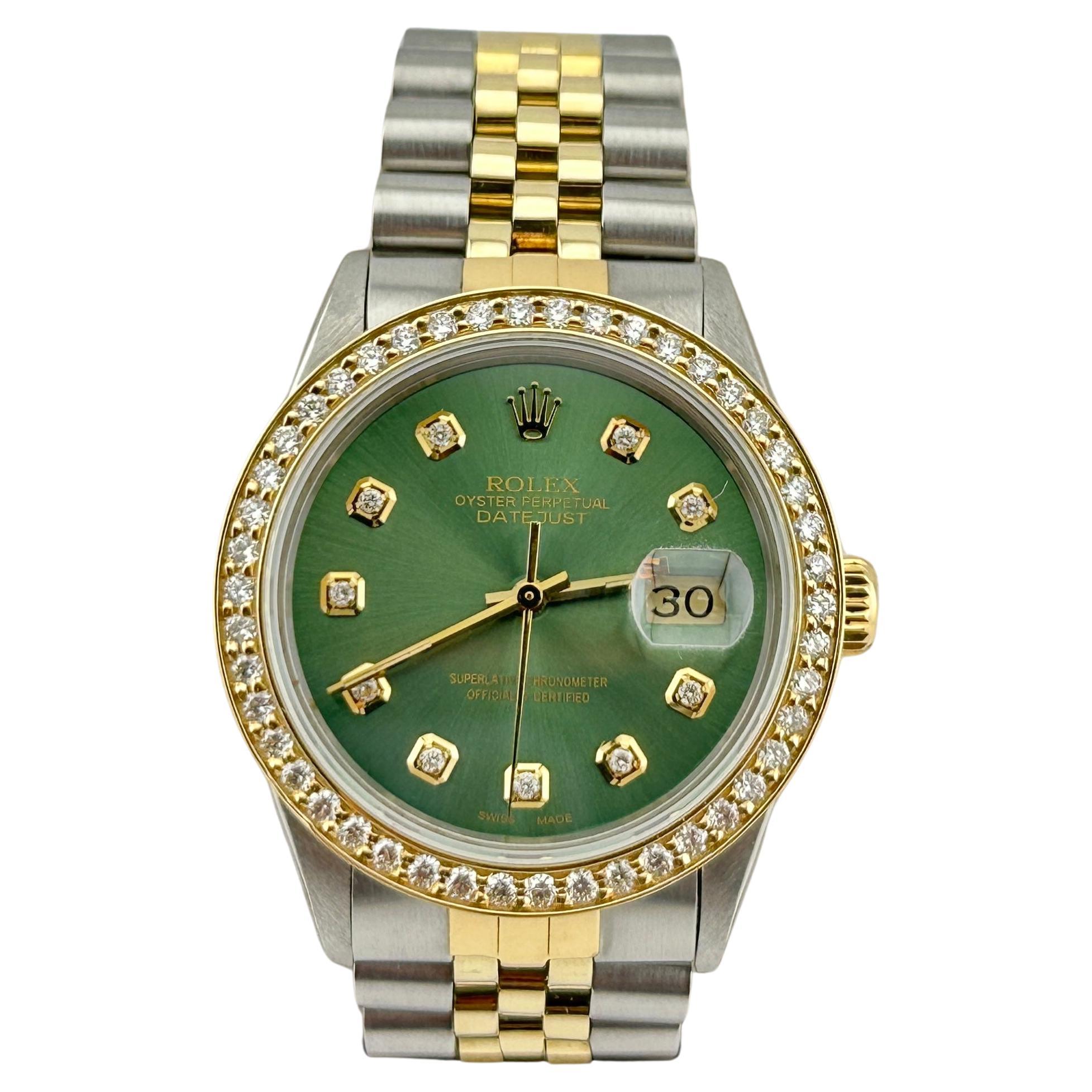 Rolex 16013 Datejust 36mm Green Diamond Dial Diamond Bezel 18K Yellow ...