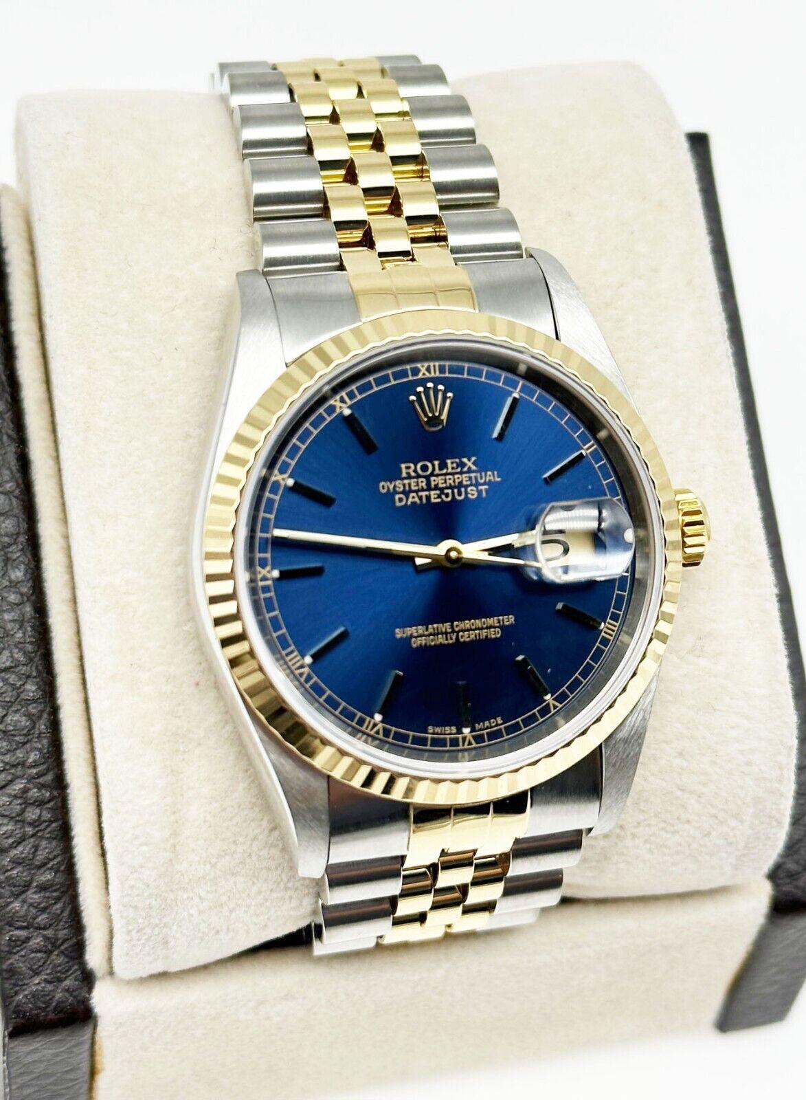 Rolex 16233 Datejust Blue Dial 18k Yellow Gold Stainless Steel Box Paper 2000 For Sale at ...