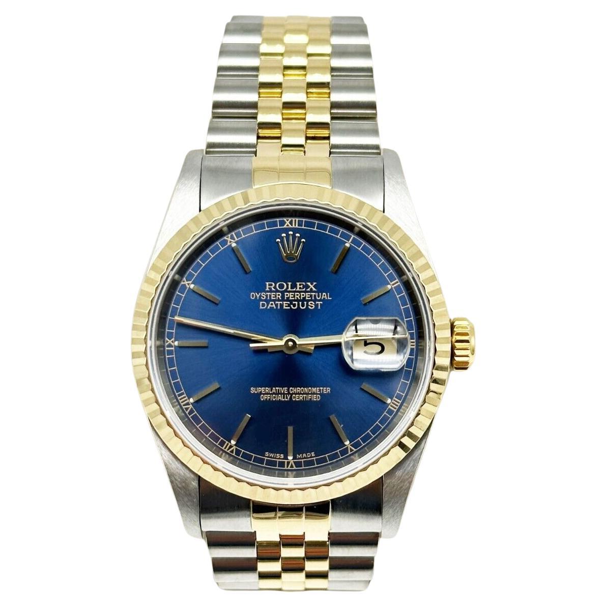 Rolex 16233 Datejust Blue Dial 18k Yellow Gold Stainless Steel Box ...