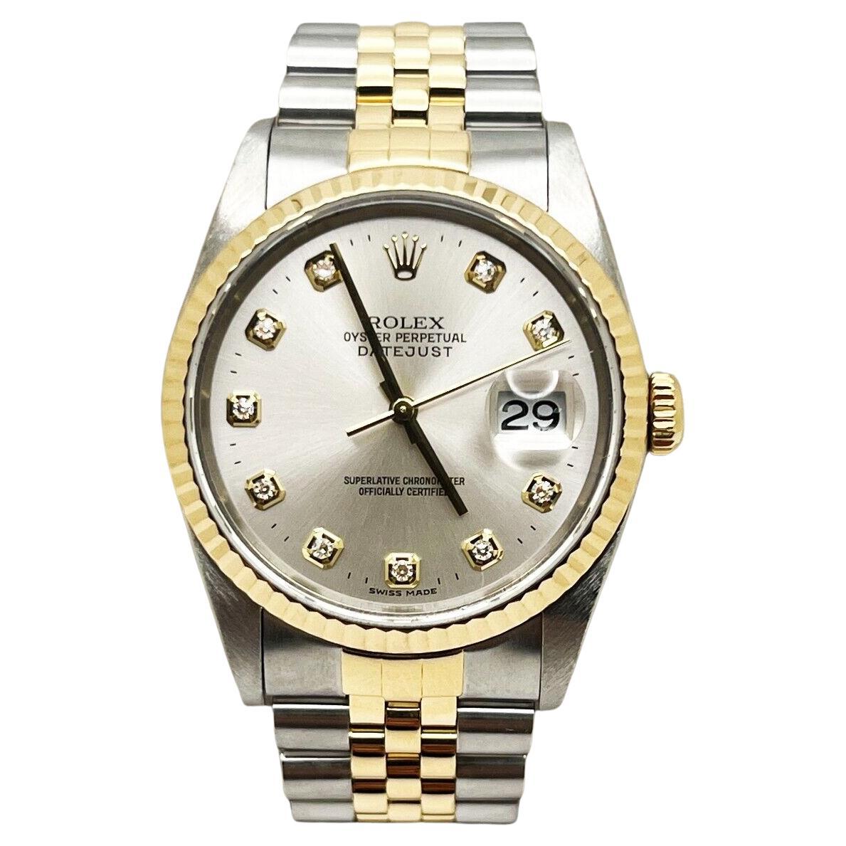 Rolex 16233 Datejust Silver Diamond Dial 18K Yellow Gold Stainless Box ...