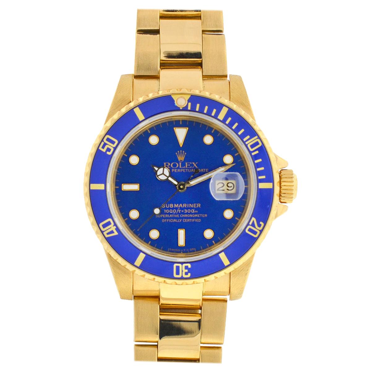Rolex 16808 Submariner 18 Karat Yellow Gold Blue Dial Automatic Men's ...