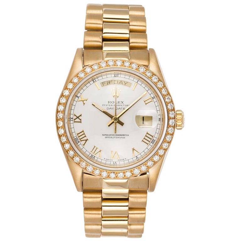 Rolex 18 Karat Yellow Gold Day-Date President 18038 White Roman Diamond ...