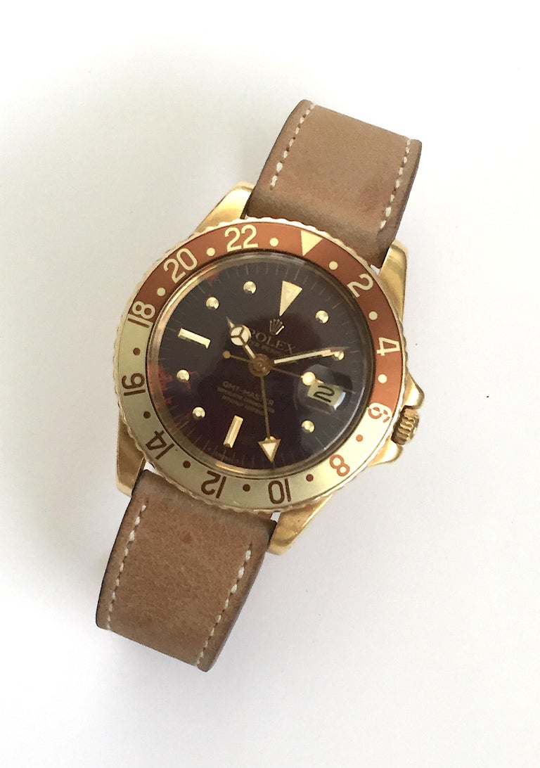 Rolex 18K Yellow Gold GMT Master Root Beer Watch, 1970s at 1stDibs