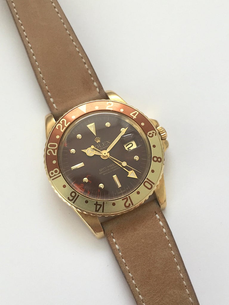 Rolex 18K Yellow Gold GMT Master Root Beer Watch, 1970s at 1stDibs