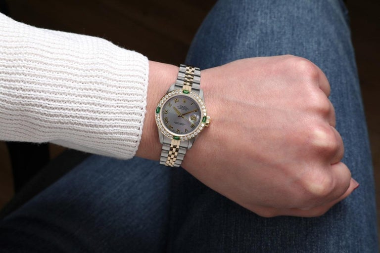Rolex Dark Grey Roman Numeral Dial Diamond + Emerald Bezel Two Tone ...