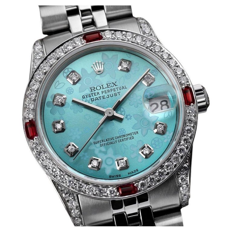 Rolex 31mm Datejust Custom Blue Flower Diamond Dial+ Rubies and Diamond ...