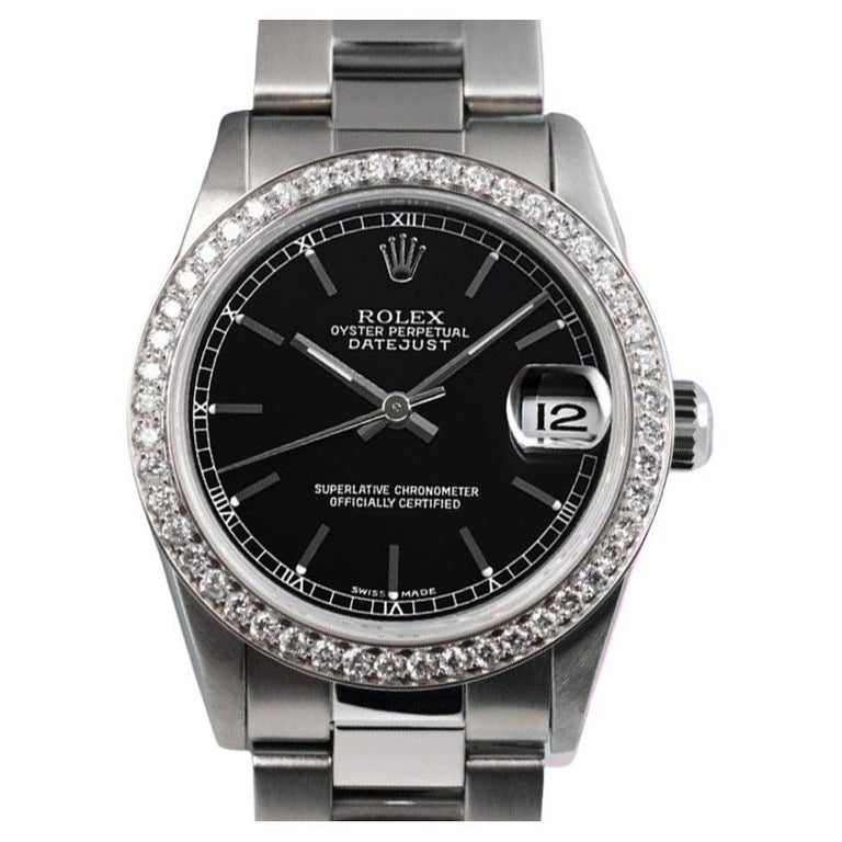 Rolex Datejust Diamond Bezel Black Dial Steel Oyster Watch For Sale at ...