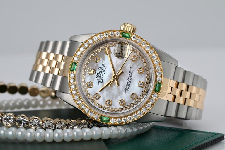 Rolex Datejust Diamond Bezel with Emeralds Two Tone White MOP String ...